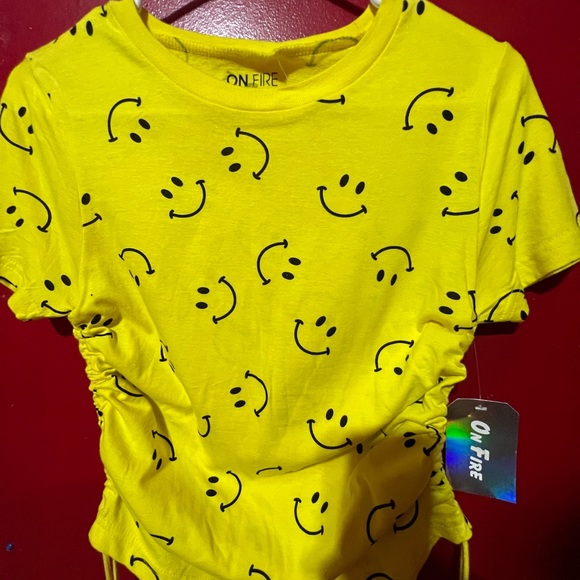 Shirts & Tops | Yellow Smiley Face Print Tshirt W Ruched Side Detail ...